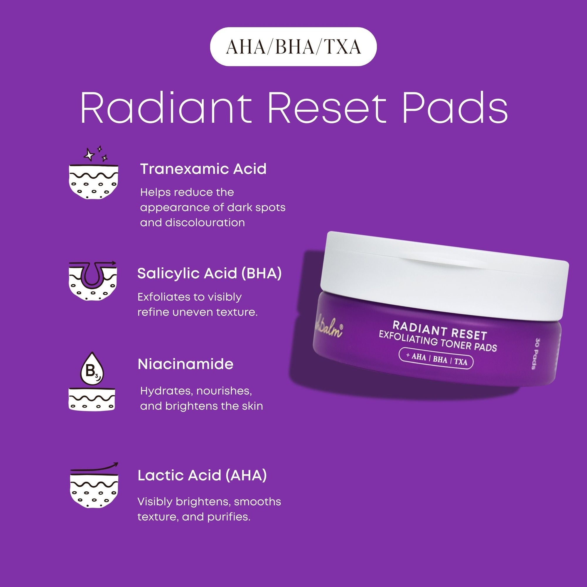 Radiant Reset Exfoliating Toner Pads with Tranexamic Acid, AHA & BHA – Bushbalm